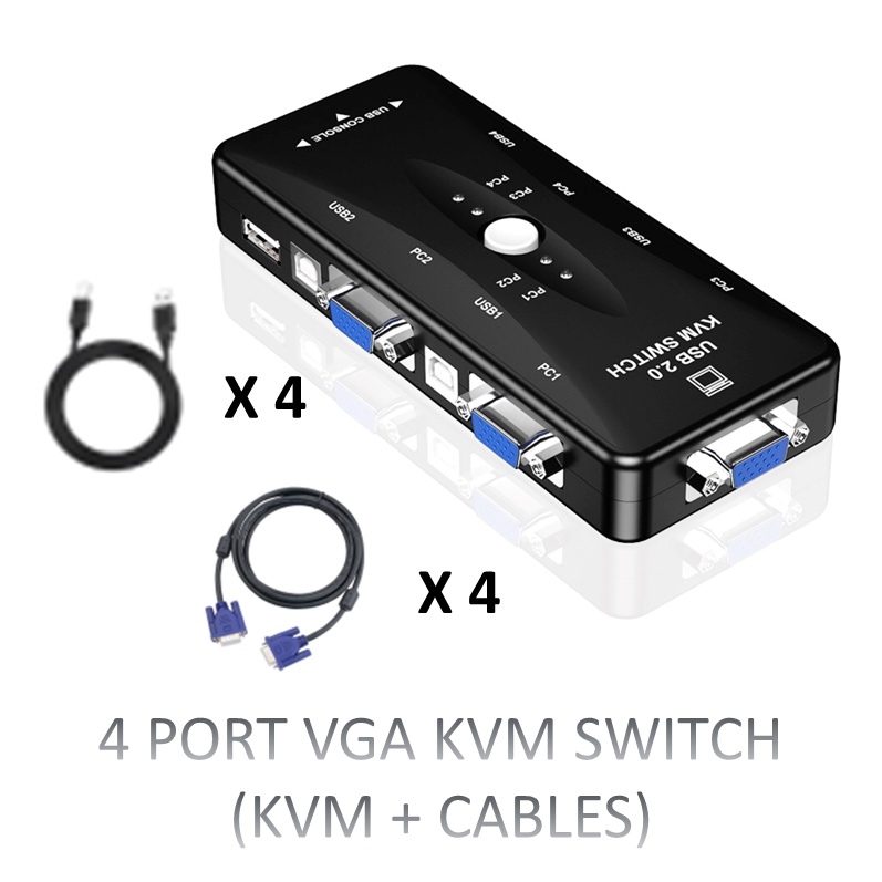 4 Port VGA KVM Switch Selector Share Monitor USB Hub Support Keyboard Mouse Printer and Push ...