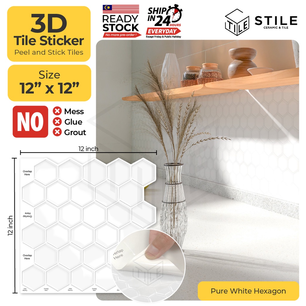 Pure White Hexagon 3D Tiles Sticker Kitchen Bathroom Wall Tiles Sticker ...