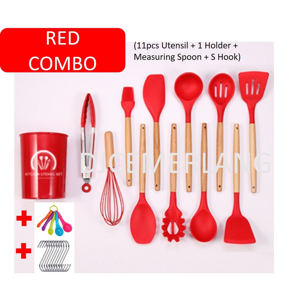 Set Senduk Kitchen Utensil 11pcs Silicone Kitchen Tool Set Wooden ...