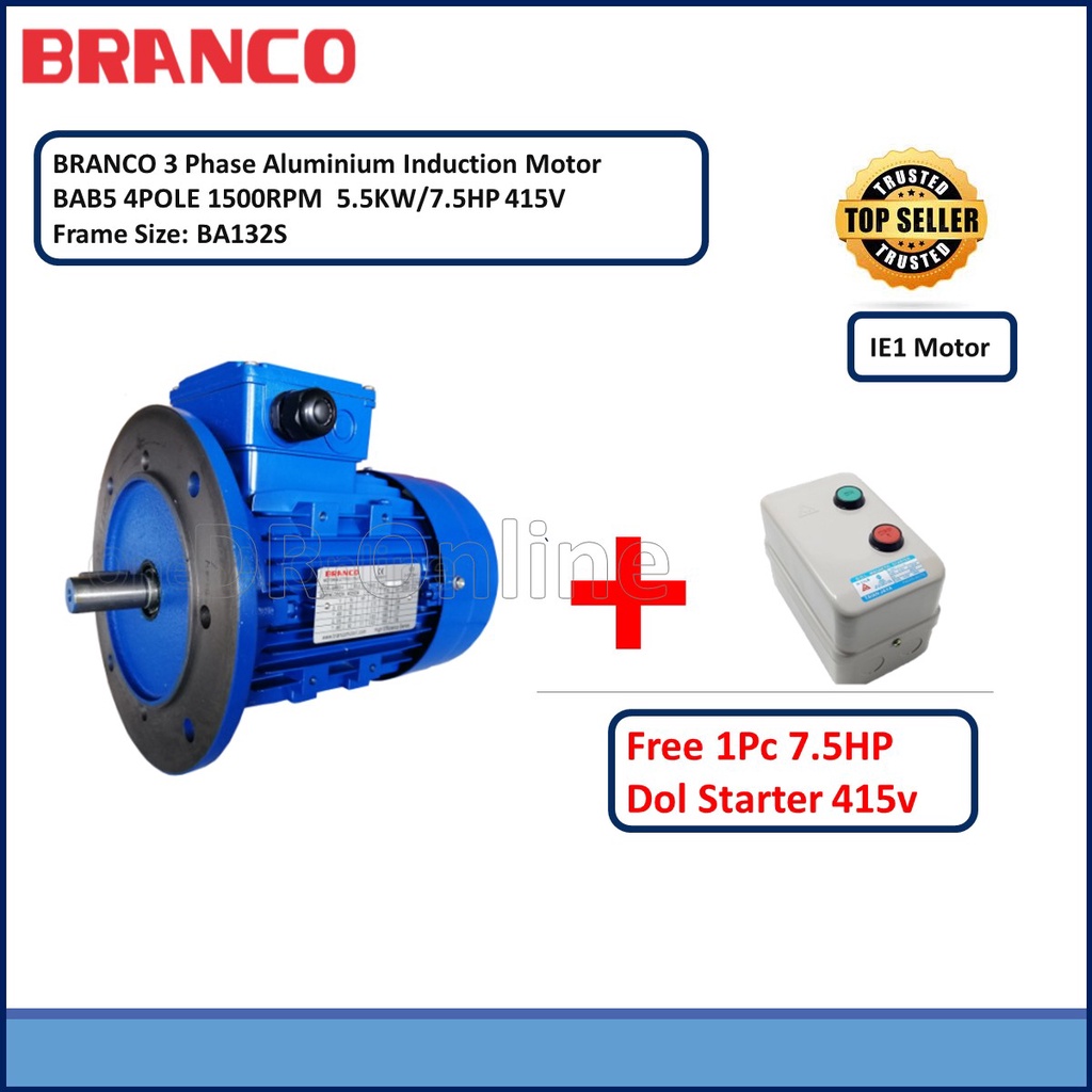 BRANCO Aluminium Motor IE1 3Phase BA-B5 Series Flange Mounted 5.5KW/7 ...