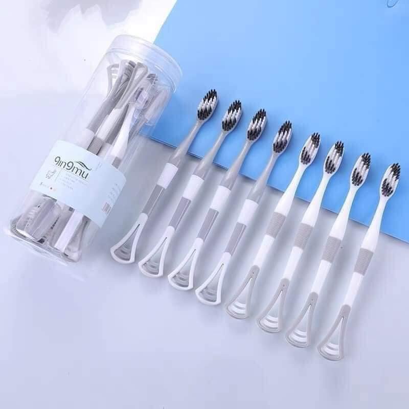 Set of 8 Double-Headed Toothbrushes with Tongue Scraper (Gray Round Box ...