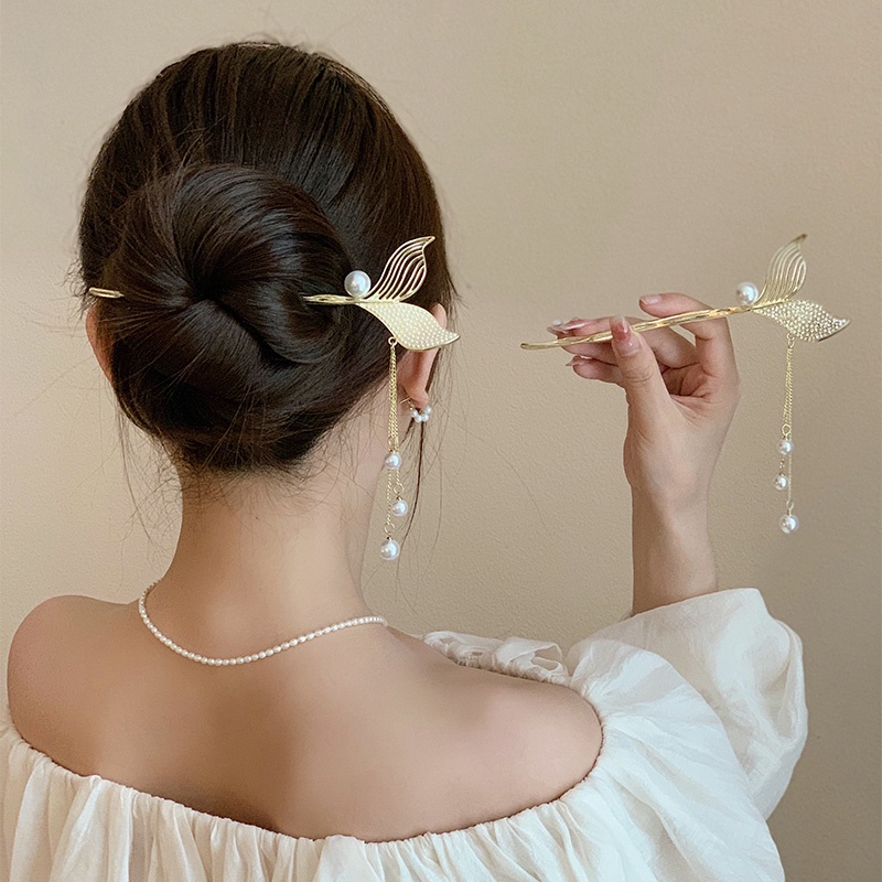 Daily Coiled Hair Pearl One-Word Simple Fishtail Hairpin High-End Ball ...