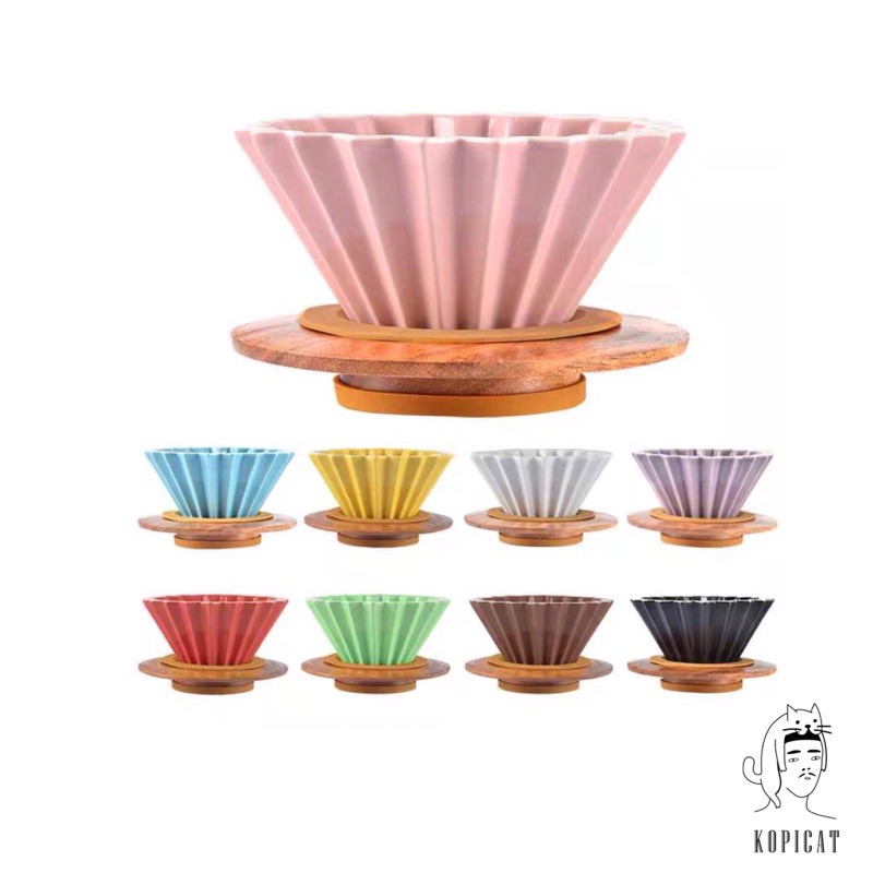 Wave Ogami Shape Ceramic Coffee Dripper Filter Cup with Wooden Holder ...