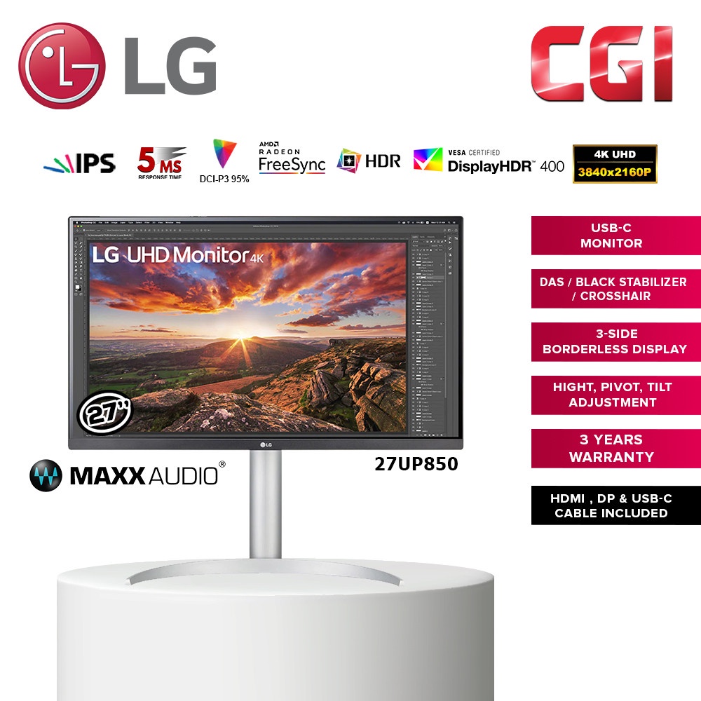LG 27” 27UP850 5ms 60Hz IPS 4K UHD Vesa HDR400 AMD FreeSync USB-C ...