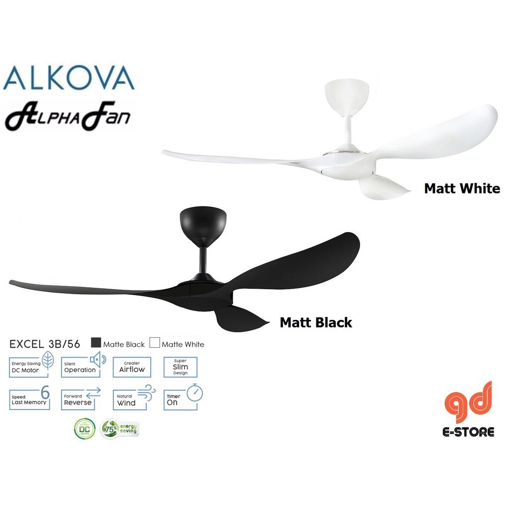 Alkova Alpha EXCEL 3B 56" DC Motor Ceiling Fan with 3 Blades - 6 Speeds ...