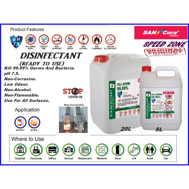 SANCORA DISINFECTANT 20L ( REDAY TO USE) / SANCORA NON-ACOHOL BASED AND ...