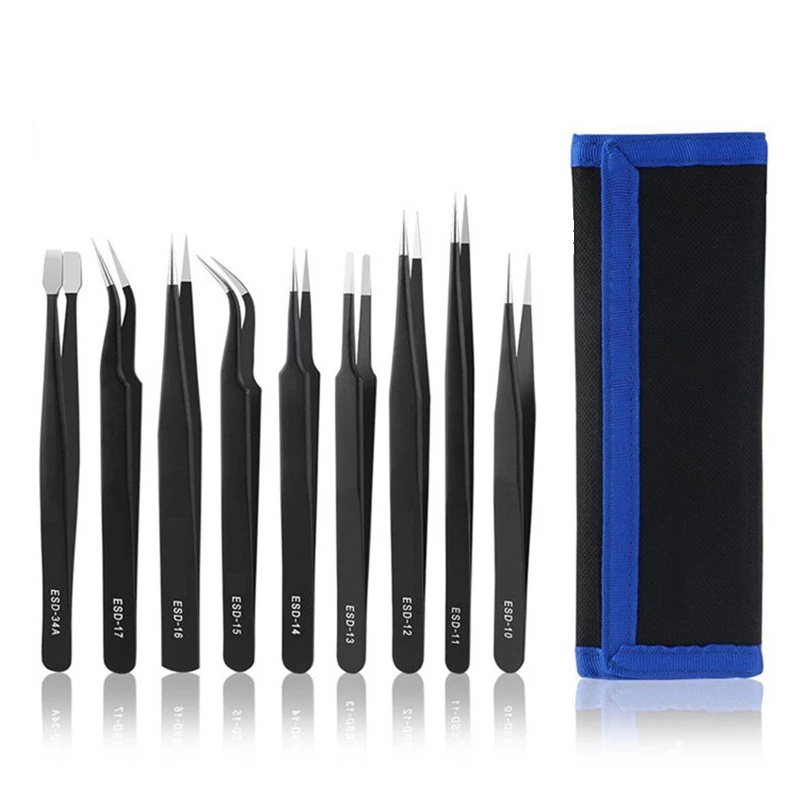 9Pcs ESD Antistatic Tweezers Tool Set High Precision Tip Curved ...