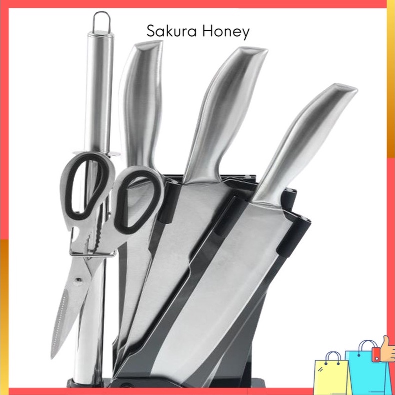 6 pcs knife set sharp stainless steel, kitchen knife set with stand ...