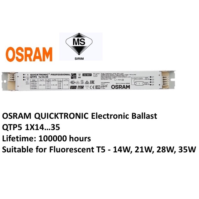 OSRAM Electronic Ballasts, QTP5 1X14…35, for T5 fluorescent lamp, 14W ...