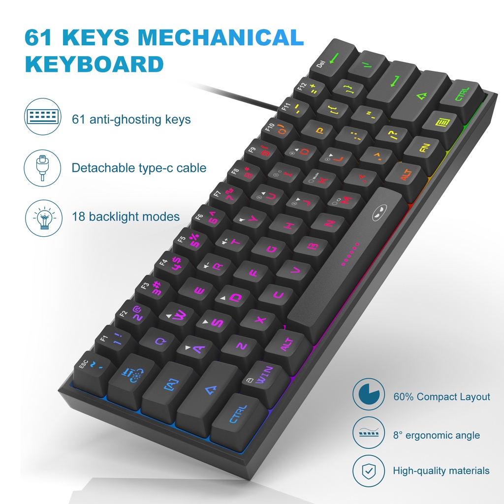 MageGee TS91 60% Compact Wired Keyboard 61 Keys RGB Backlight Small ...
