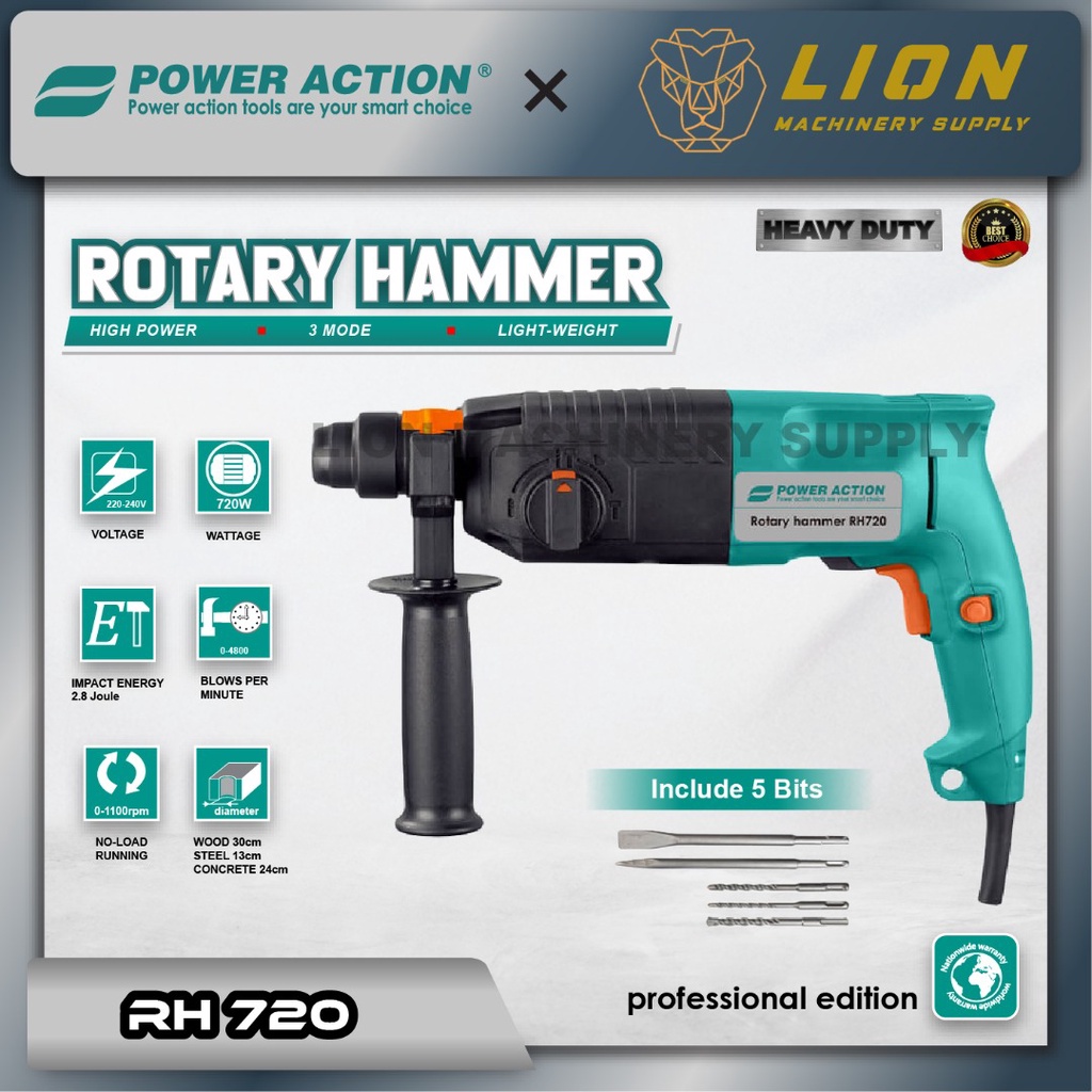POWER ACTION 720W Power Rotary Hammer RH720 Free 3pcs Drill bit, 1pc ...
