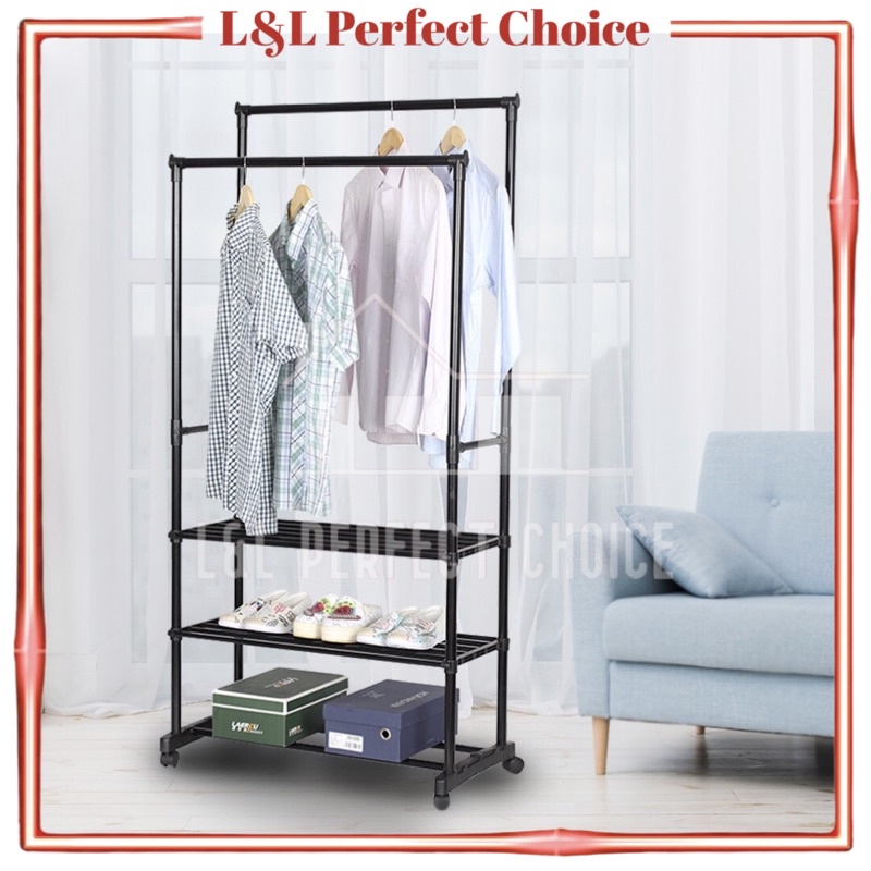 Double Garment Cloth Organiser Hanger with 2 Tier Shelf and Shoe Shelf ...