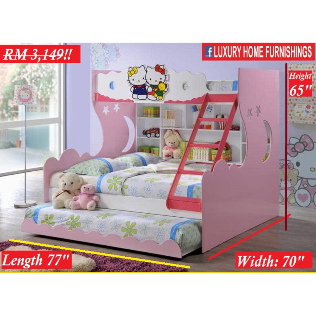 Hello KITTY, BUNK BED, Queen size CENTER BED , Single upper & Pull out ...