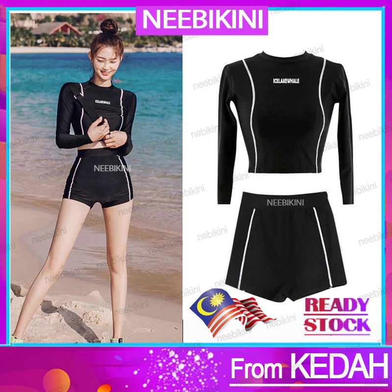 W43 woman swimming suit women swimwear long sleeve crop top high waist ...