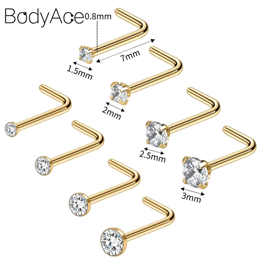 Bodyace 1.5-3mm Nose Stud Set 8 pcs Crystal Nostril Piercings Stainless ...