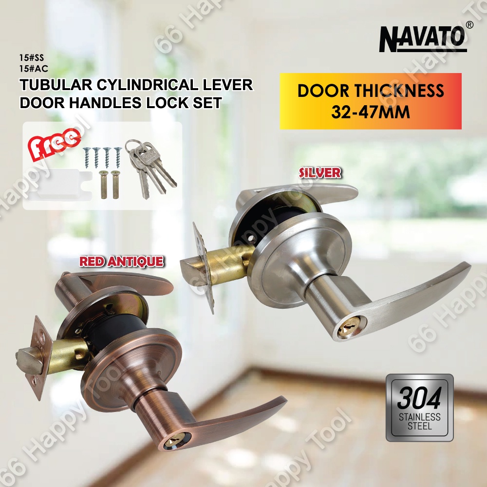 Navato Tubular Cylindrical Lever Door Handles Lock Set 3 Keys 15#AC 15# ...