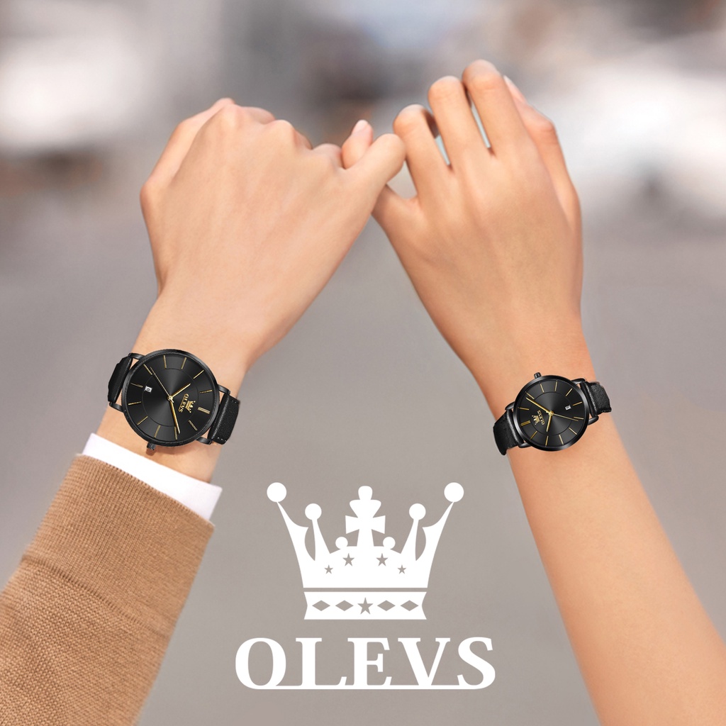 OLEVS Thin Couple Watches Black Leather Original Jam Tangan Couple ...