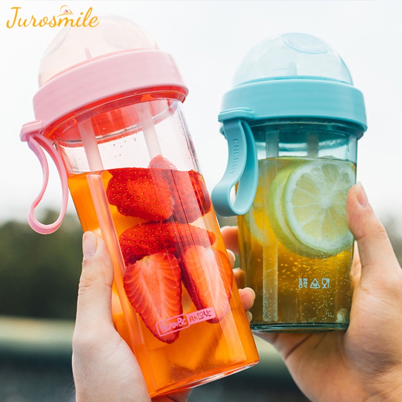 600ml Portable Dual Straw Separate Drink Water Beverage Bottle Couples ...