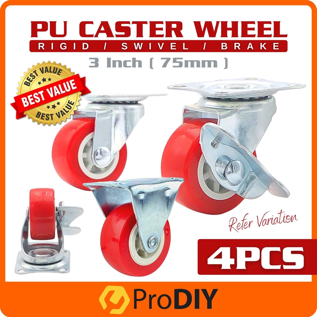 4PCS 3 Inch 75mm Heavy Duty PU Plate Swivel Rigid Wheel With Brake Castor Trolley Furniture ...