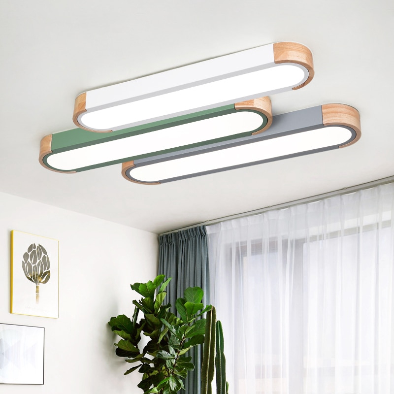 Nordic Rectangular Led Ceiling Lights With Wooden Corner Various Shell 2040
