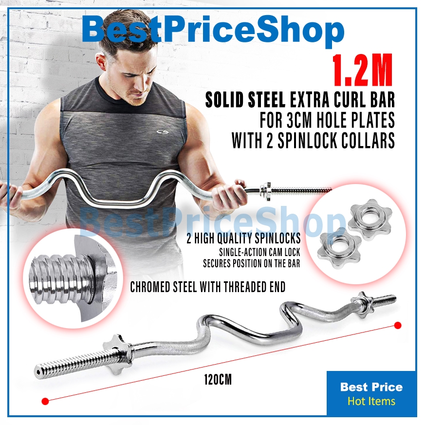 BPS Gym Grade 1.2m 3cm 5kg Chrome Plated Ez EXTRA CURL Curve Barbell ...