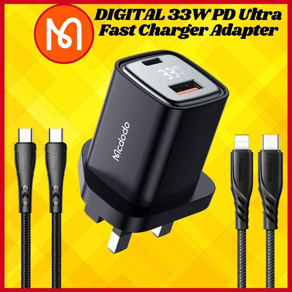 【1YrWarranty】Mcdodo Digital 33W Fast Charge PD+QC Type-C+USB Ports Wall ...