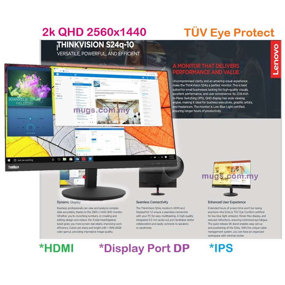 RM1199 ThinkVision S24q-10 24" QHD 2k IPS Monitor 2560x1440 HDMI ...