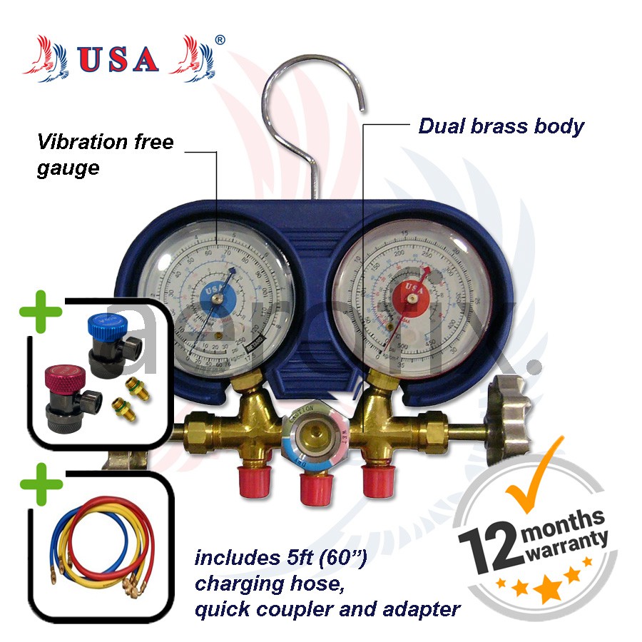 USA Air-Cond Dual Brass/Aluminium Manifold Gauge LX-1002 (R12/R22/R134a ...