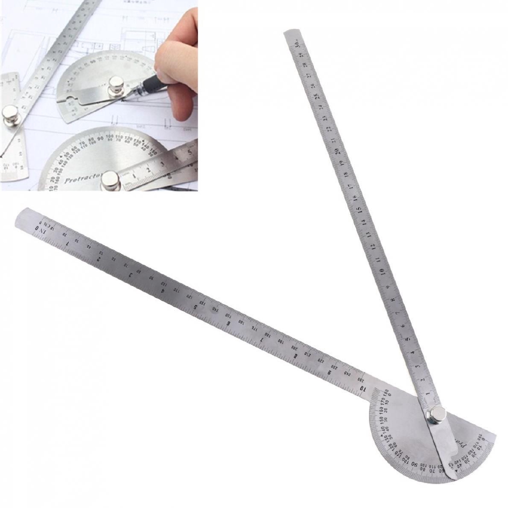 180 Degree 250 x 300mm Angle Ruler Stainless Steel Protractor Two Arm ...