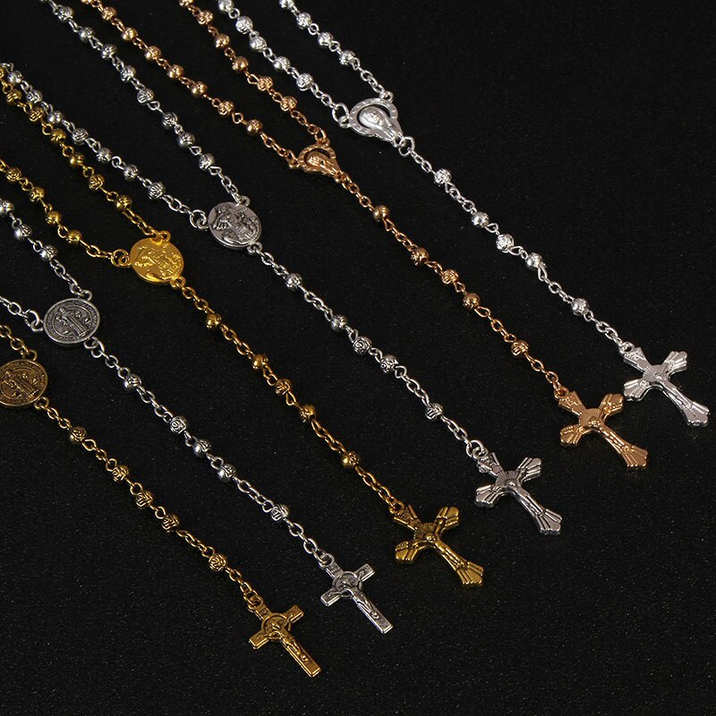4mm stainless steel rose gold rosary long chain charm rose bead ...