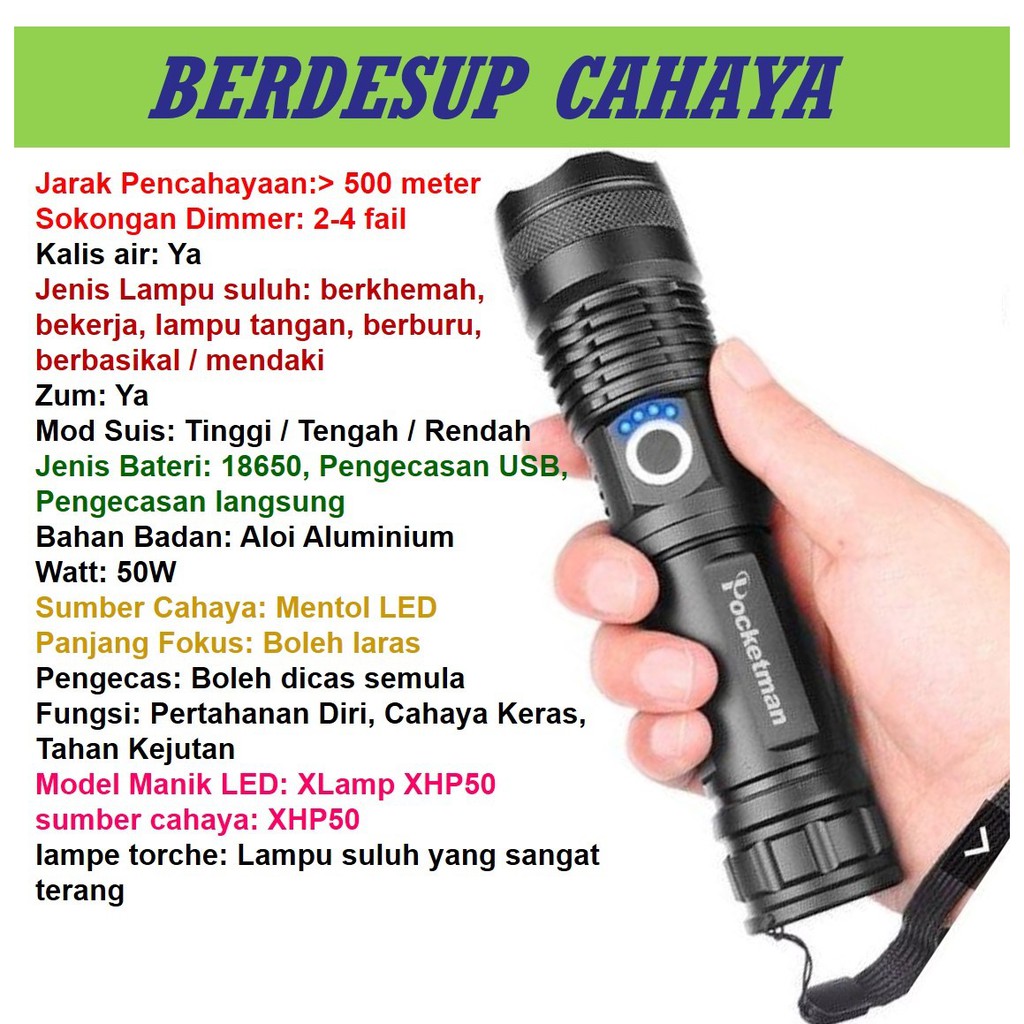 [Ready Stock] 50000 lumens XLamp xhp50 most powerful flashlight usb ...