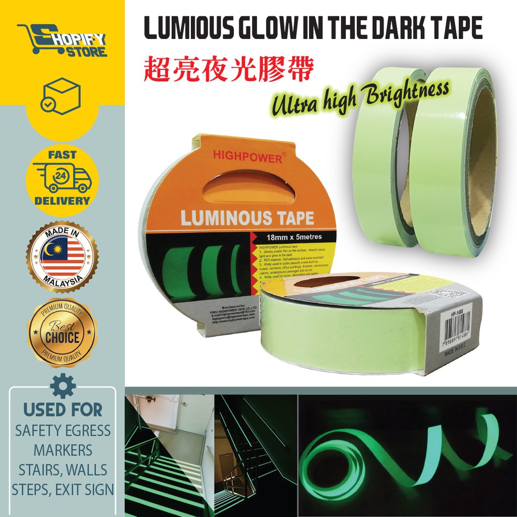 LUMINOUS TAPE (Glow in the Dark) 夜光警示胶带 *5 METER PER ROLL* | Shopee ...