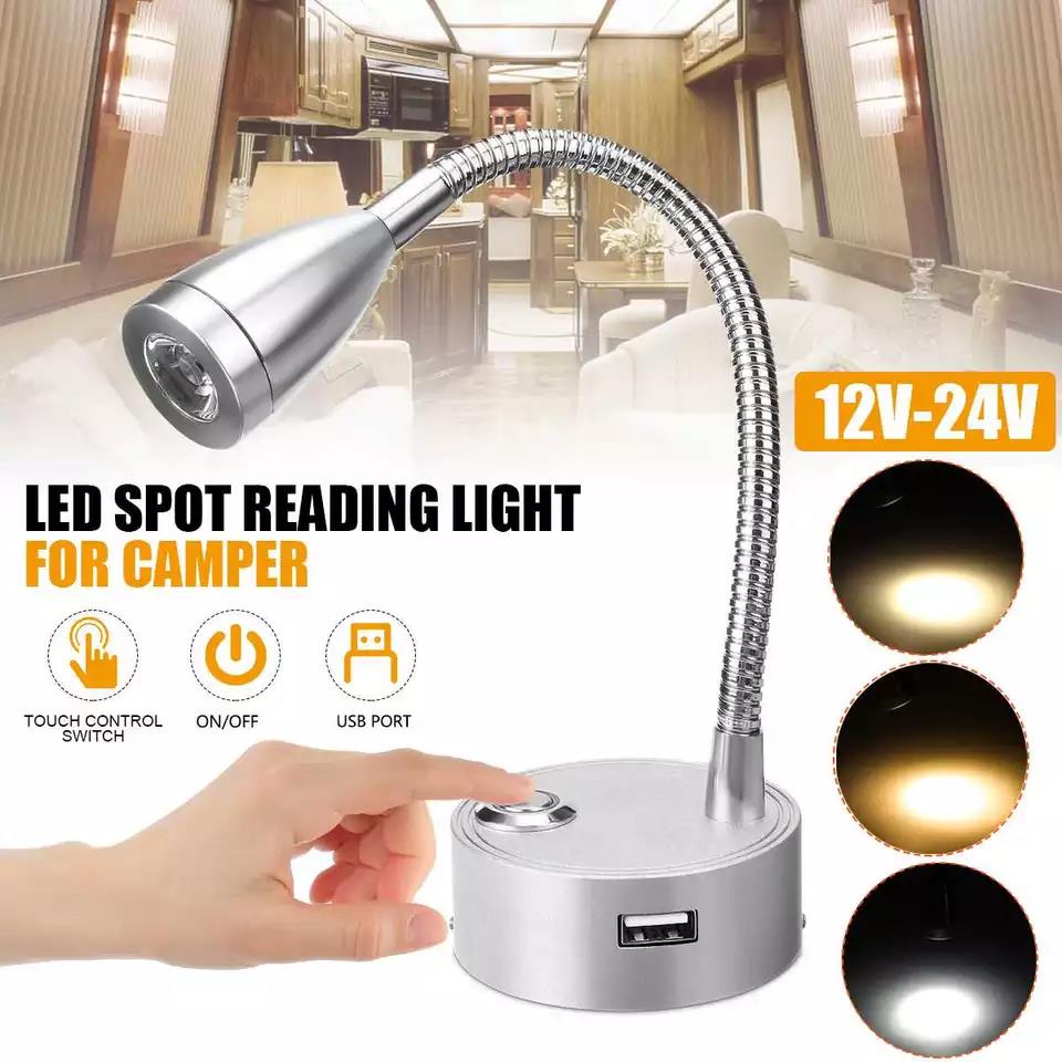 12V 24V LED Spot Light Touch Control Wall Reading Lamps w/USB Port ...