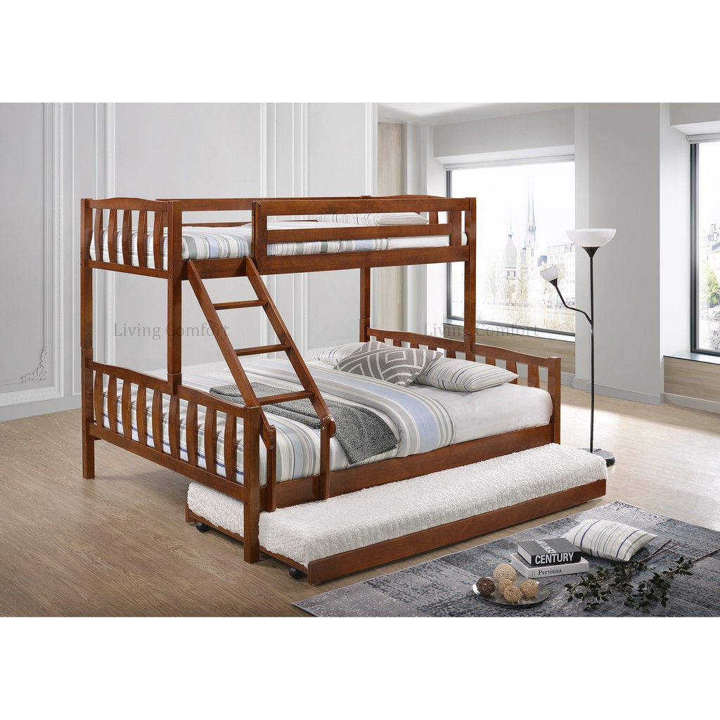 ALLY Bunk Bed Double + Single + Trundle / Double Decker Wooden Katil ...