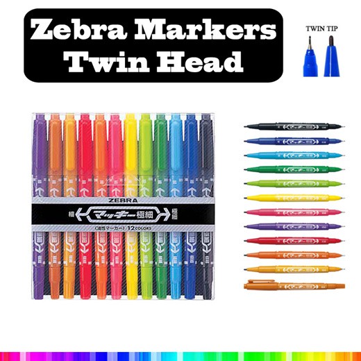 Zebra Twin Head Permanent Marker Pen (Black, Blue, Green, Red) | Shopee ...