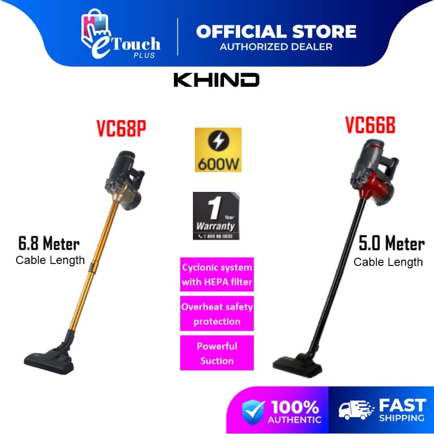 KHIND Corded Stick Vacuum Cleaner With Cyclonic System (6.8M/5.0M ...