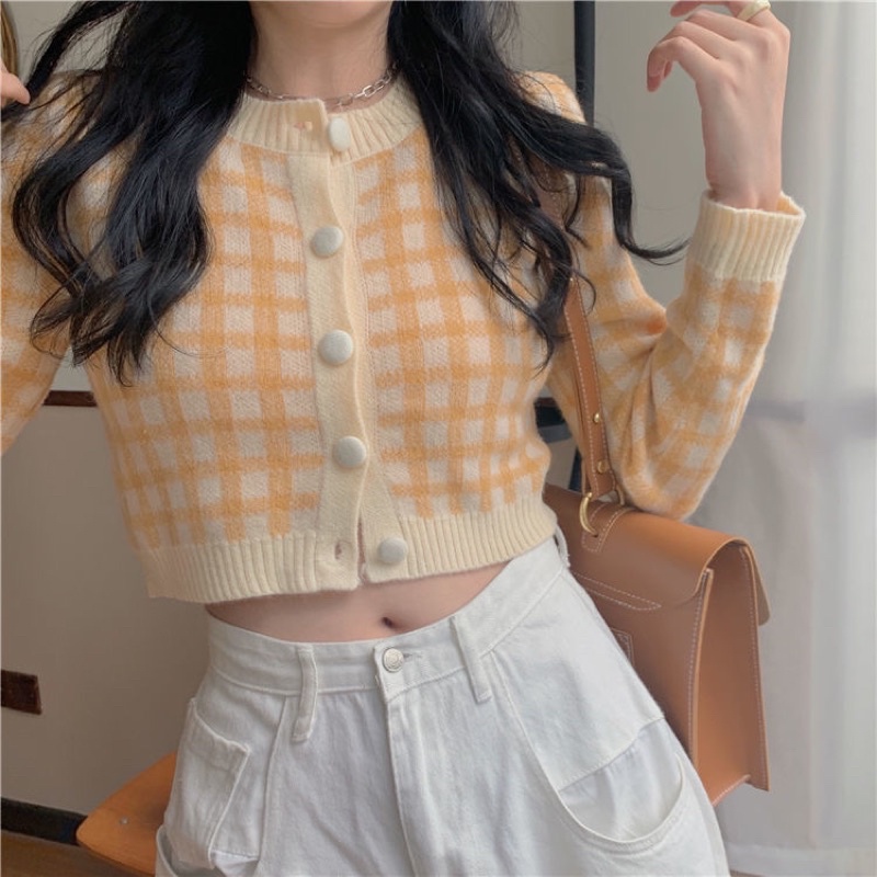 Super cute 4-color cropped plaid cardigan qccc | Shopee Malaysia