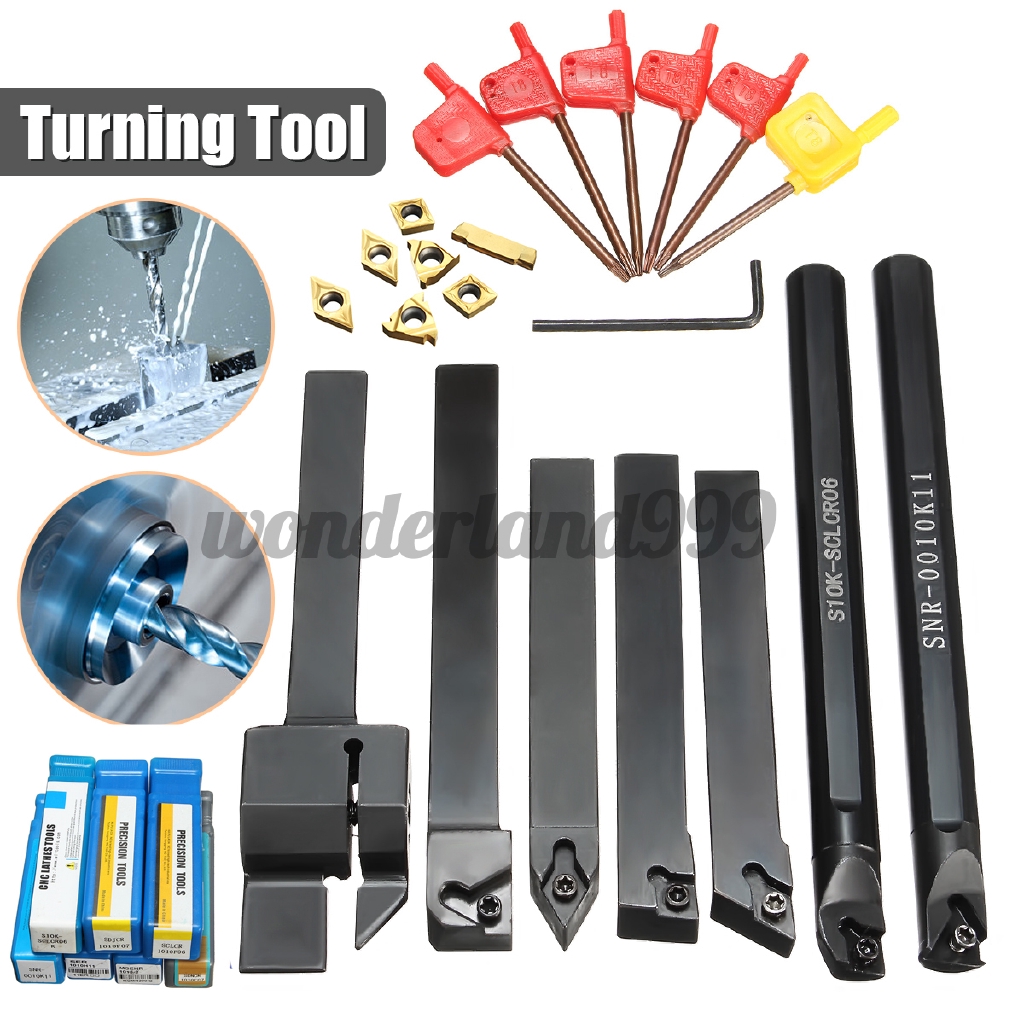 7Pcs Set Of Lathe Turning Tool Holder Boring Bar 10mm Shank +T8 Wrenches + Carbide Inserts ...