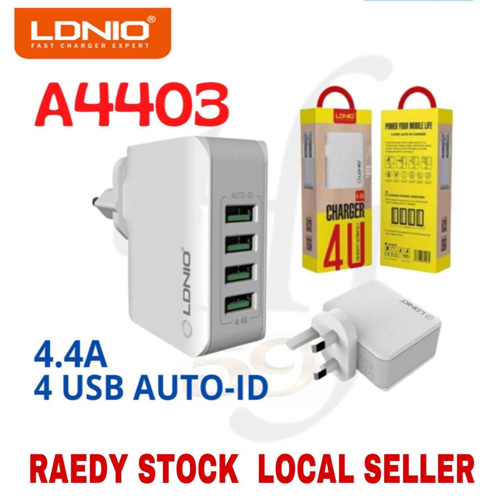 LDNIO A4403 4.4A 4 USB Output Port Auto ID USB Charger (3-Pin Plug) | Shopee Malaysia