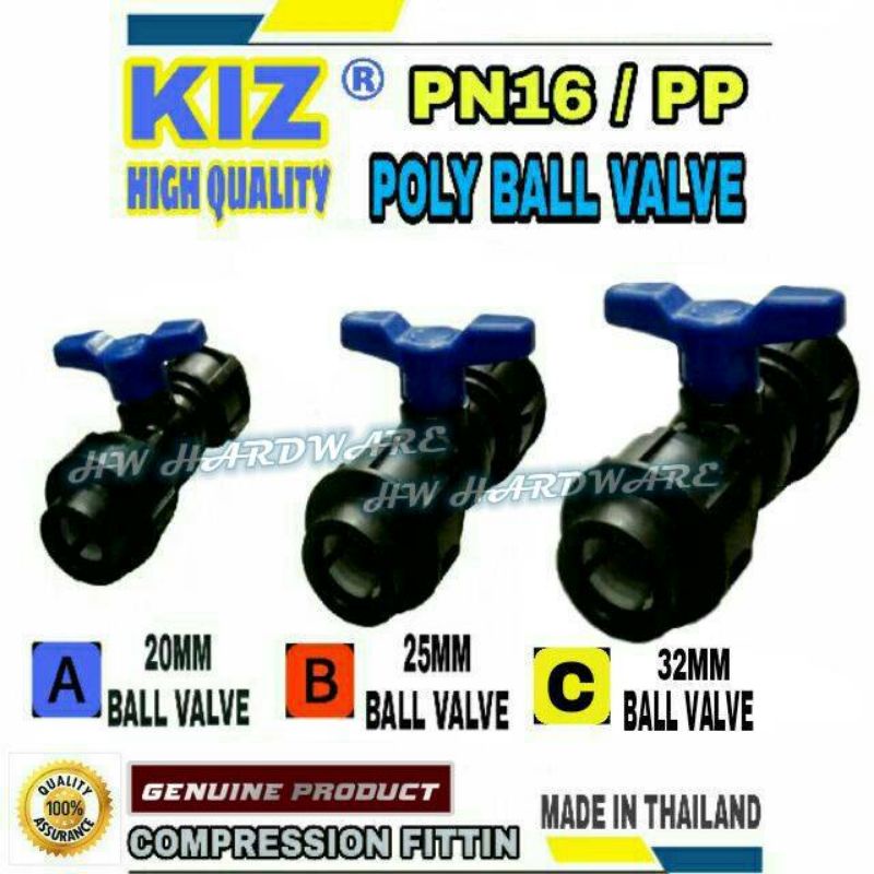 [100% ORIGINAL] THAILAND KIZ® 20MM/ 25MM /32MM (PN16) PP POLY BALL VALVE STOPCOCK COMPRESSION ...