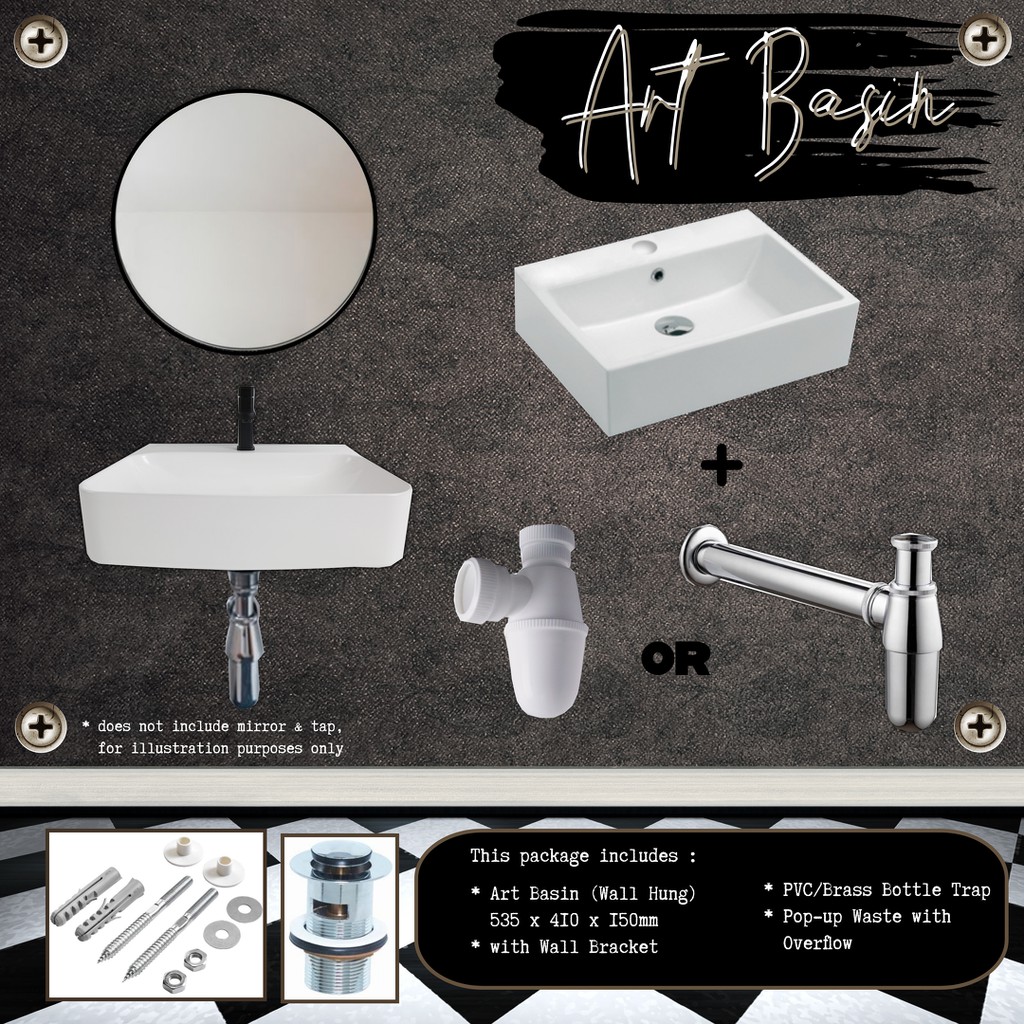 Wall Hung Hand Wash ART BASIN WITH PVC/BRASS BOTTLE TRAP C/W Pop-Up ...
