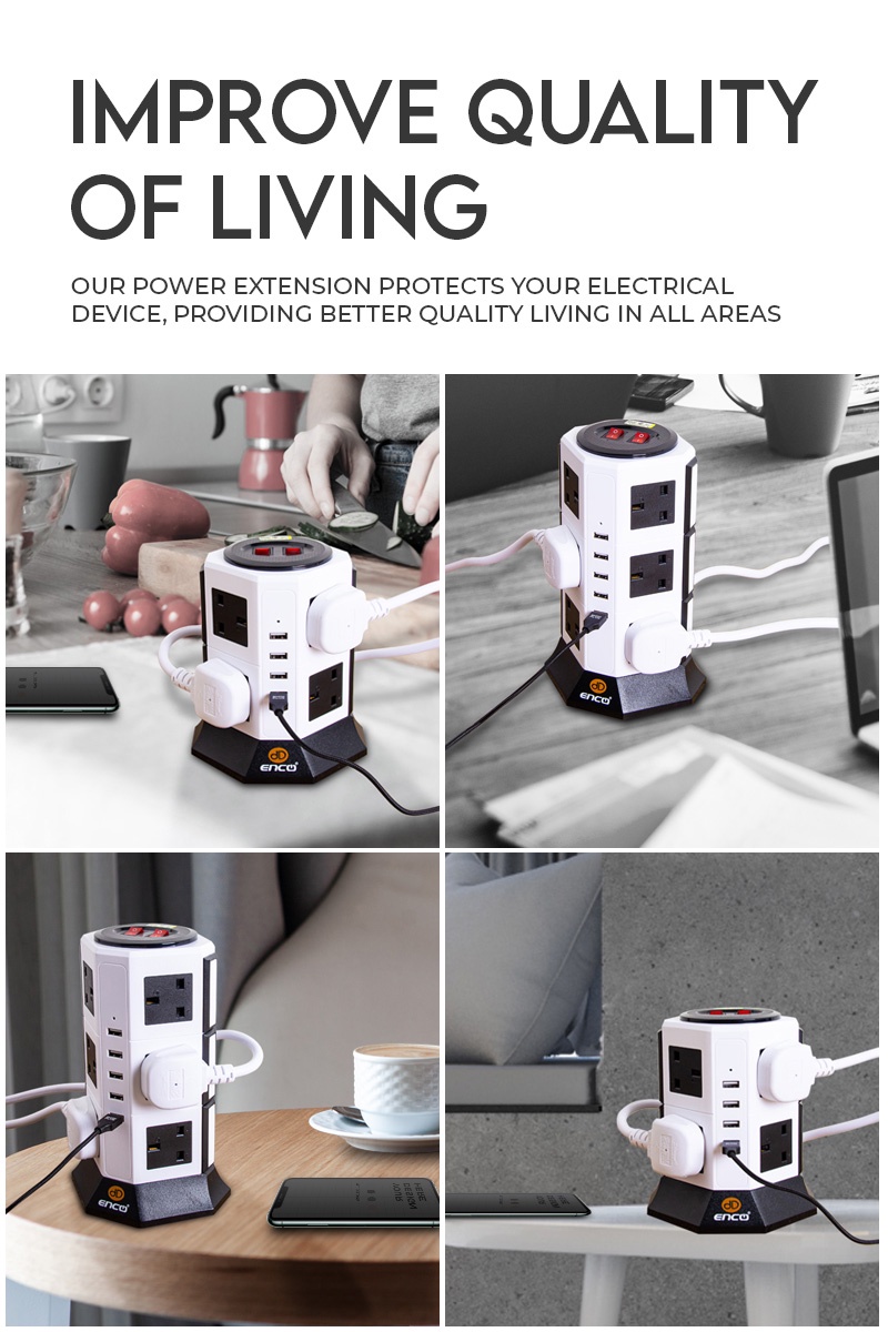 ENCO Extension Plug Tower Sockets With Surge Protector 12 Sockets 5 USB ...