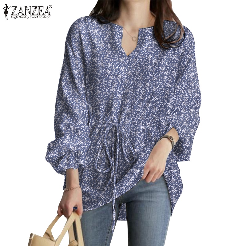 ZANZEA Women Drawstring Waist Printed Elastic Cuff Long Sleeve Blouse ...