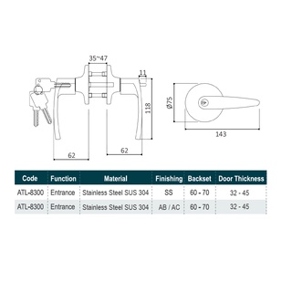 YLK ARMOR TUBULAR LEVER LOCK ATL-8300 SS Door lock set - Lock Pintu -NA ...
