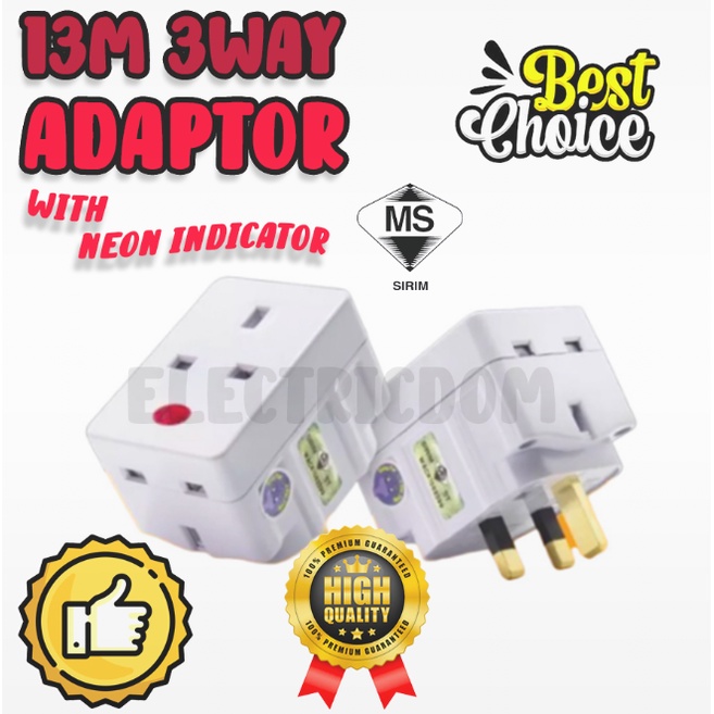 [SIRIM] PREMIUM 13A 3Way Adapter NEON Light Indicator With Safety ...