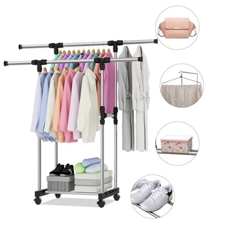 Double Pole Adjustable Stainless Steel Cloth Hanger And Organizer Rack ...