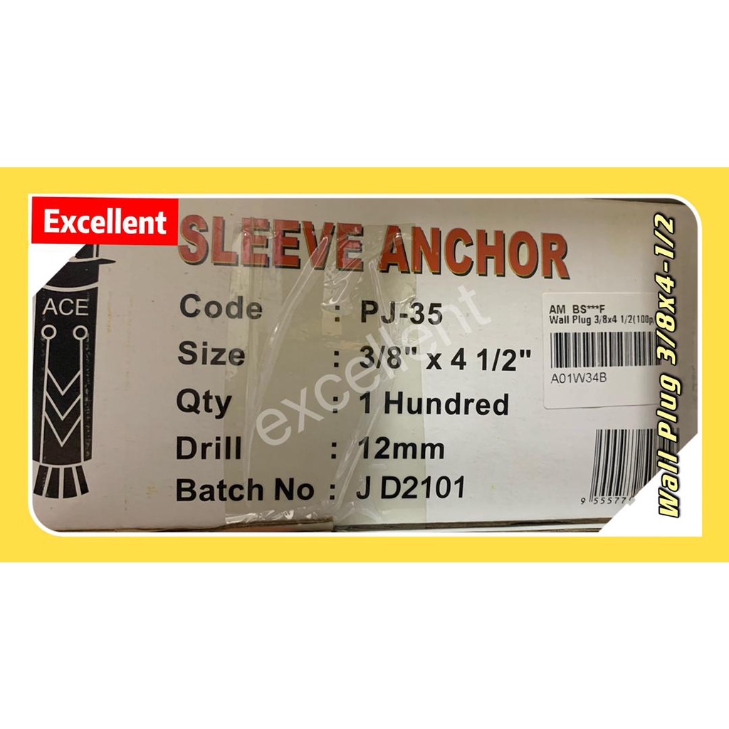 ACE Wall Plug Sleeve Anchor 3/8" x 4-1/2" (100PC) / Wall Plug Besi ...