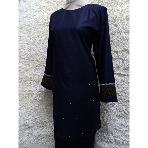 Baju Kurung Moden Cotton Navy Blue Black Biru Gelap Tampal Songket S ...