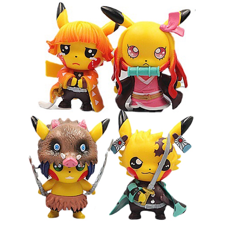4pcs Demon Slayer Pikachu Cosplay Anime Figures Kimetsu No Yaiba ...