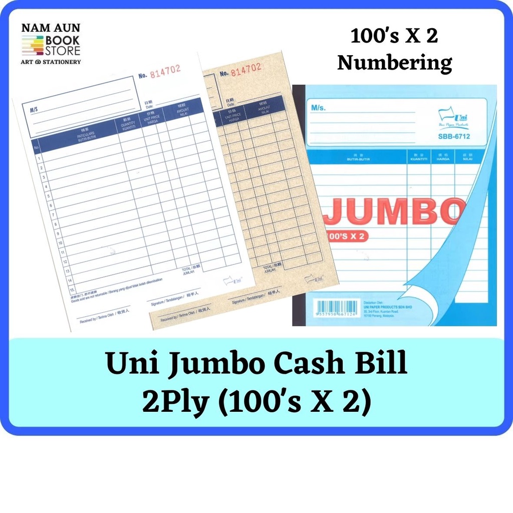 Uni 2Ply Jumbo Bill Book /Cash Bill / 100's x 2Ply / With Numbering / 6 ...